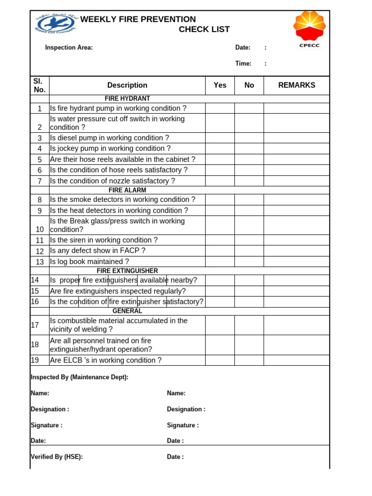 Weekly Fire Prevention Checklist | PDF