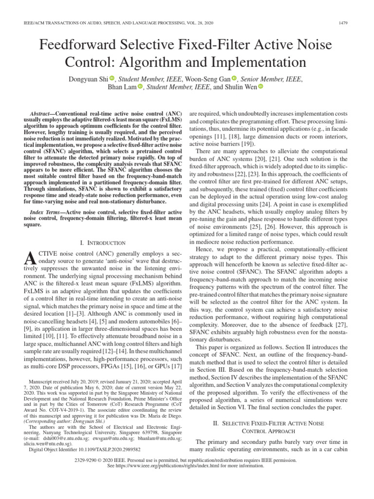 Feedforward Selective Fixed Filter Active Noise Control Algorithm And Implementation Pdf 3972