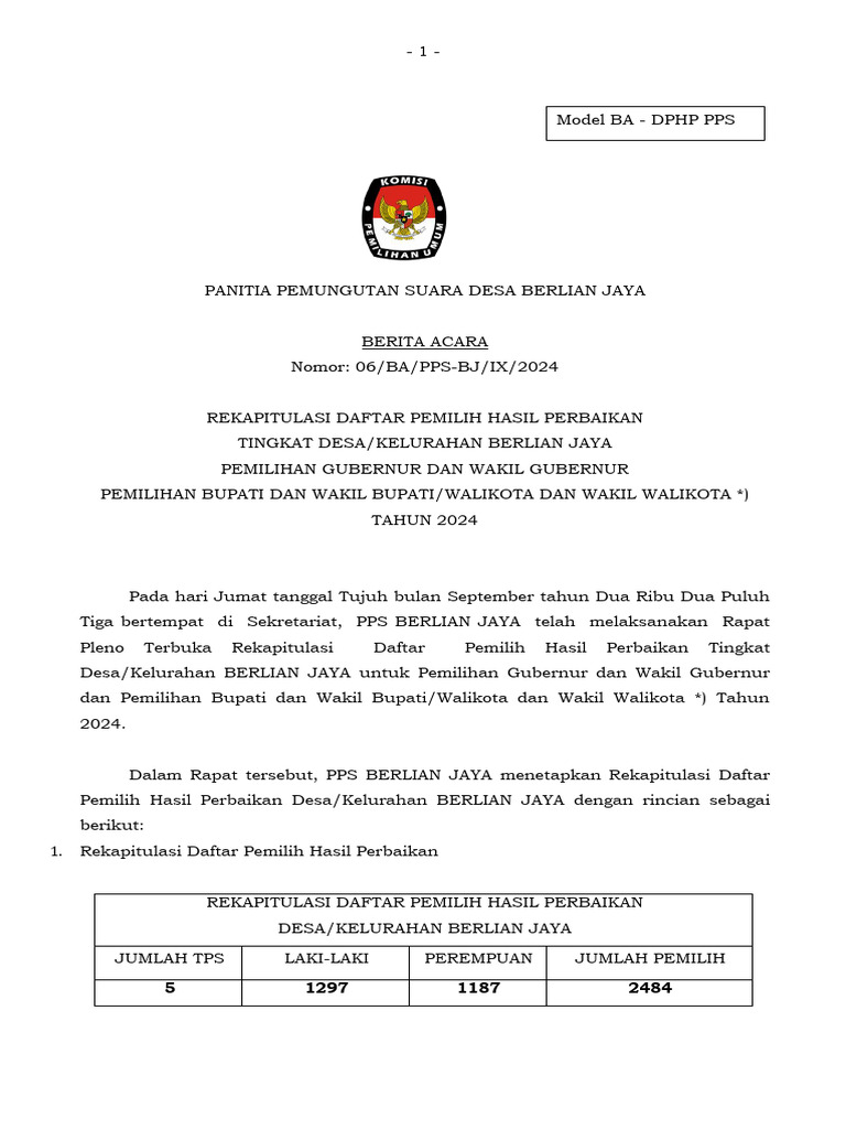 Ba Dan Rekap DPSHP Desa Berlian Jaya | PDF