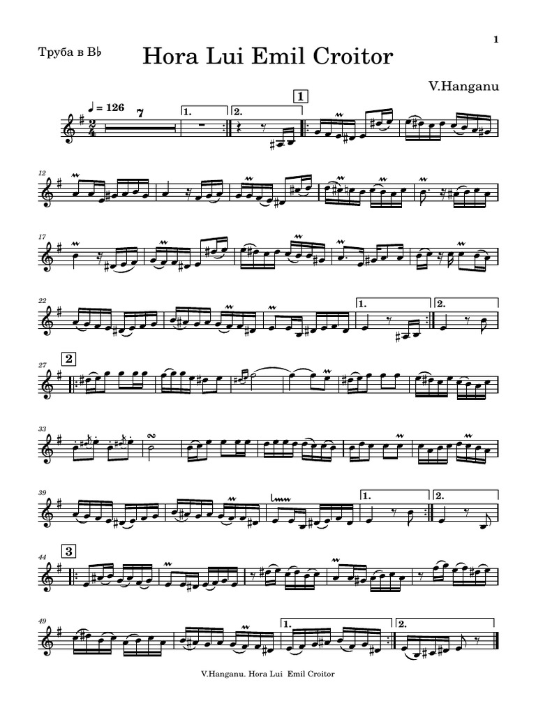 V.hanganu. Hora Lui Emil Croitor-Труба - в - Bb | PDF