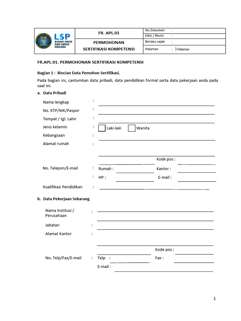 Contoh Pengisian FR - Apl.01 | PDF