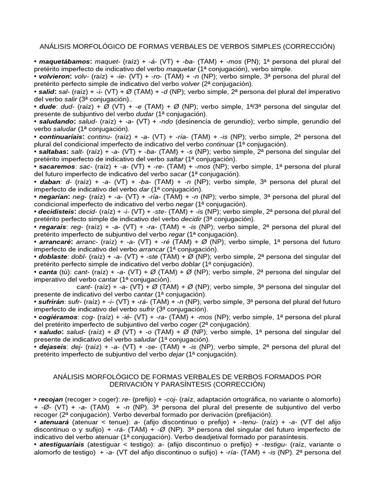 Análisis Morfológico de Formas Verbales (Corrección) | PDF