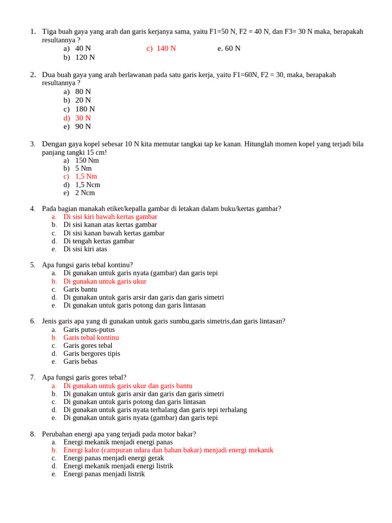 Soal Teory Kejuruan TKR Kelas XI Tahun Ajaran 2017-2018 | PDF