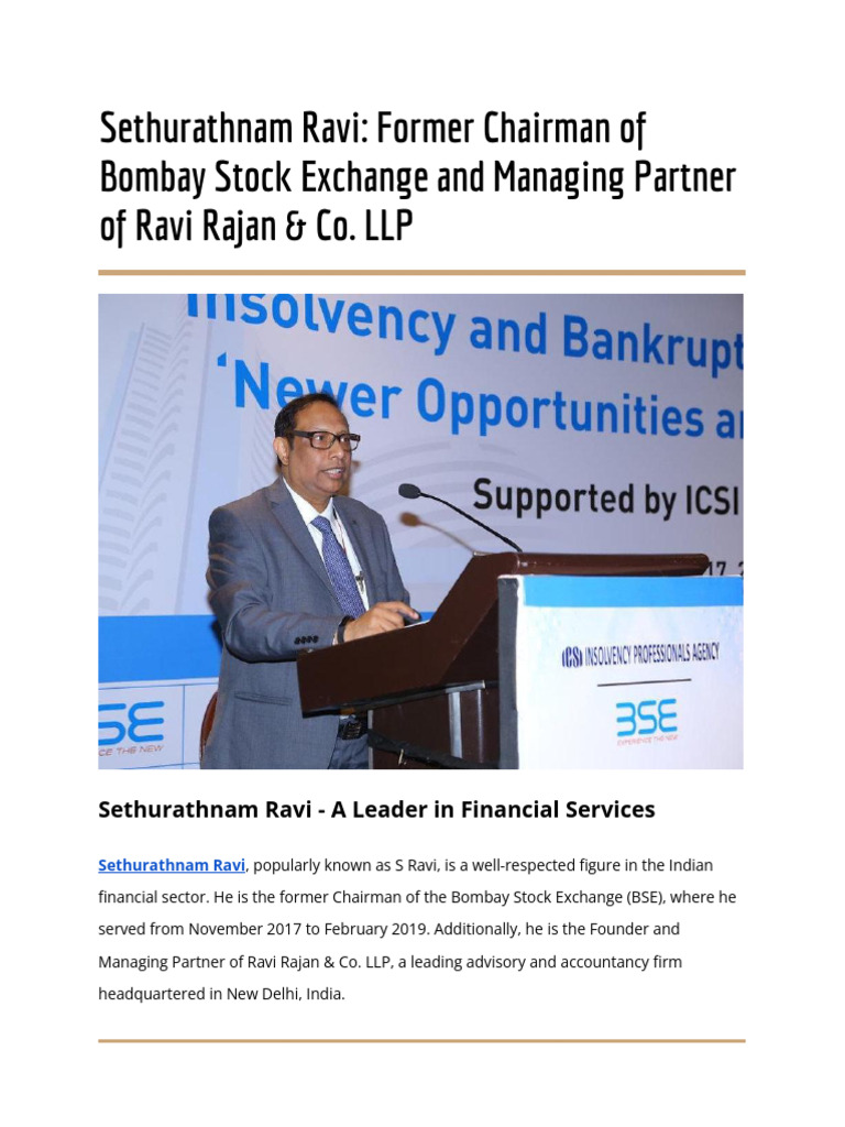 Sethurathnam Ravi: Former Chairman of Bombay Stock Exchange and Managing Partner of Ravi Rajan ...