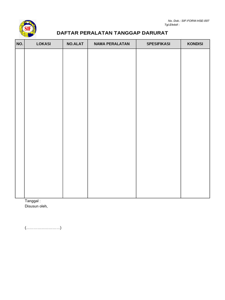 Formulir Daftar Peralatan Tanggap Darurat | PDF