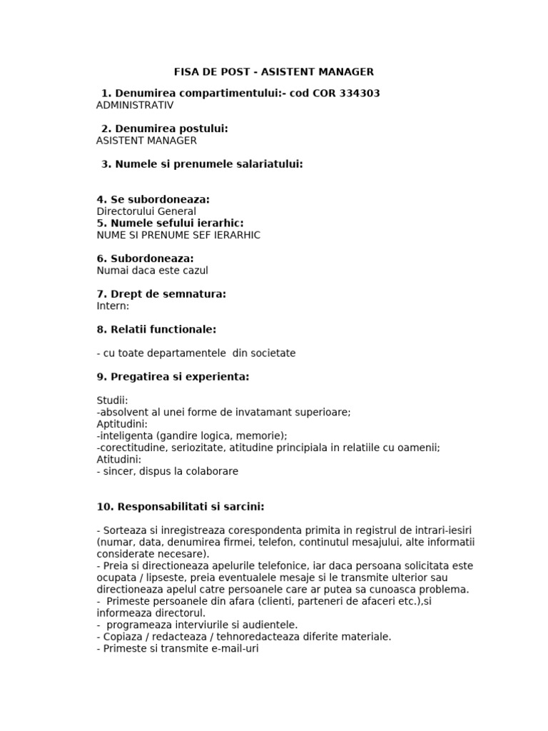 FISA DE POST Aistent Manager | PDF