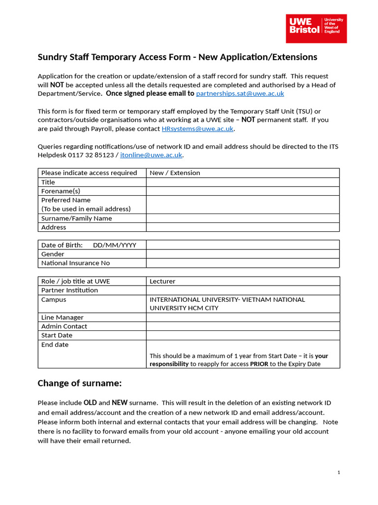 Sundry Staff Temporary Access Form NEW - August 2024 | PDF