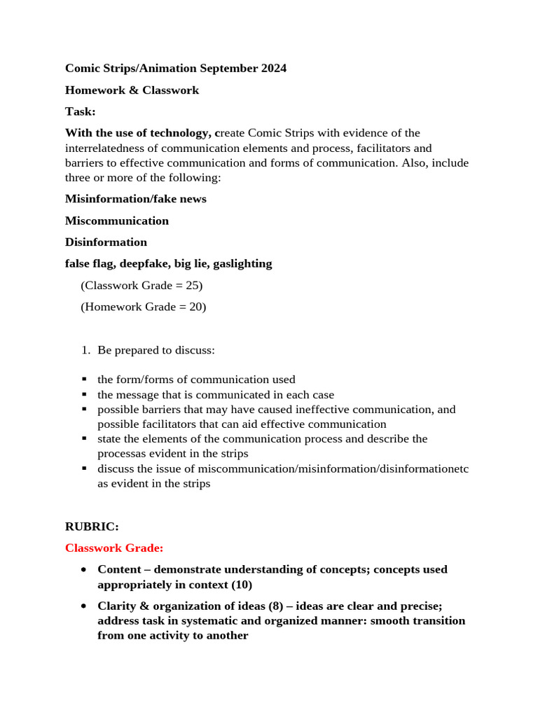 Homework and Classwork - Comic Strips or Annimation | PDF