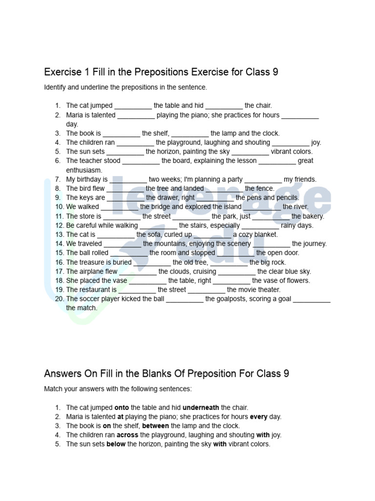 Preposition Exercises PDF For Class9 | PDF | Language Arts & Discipline ...