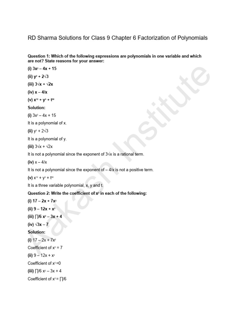 RD Sharma Solutions For Class 9 Chapter 6 Factorization of Polynomials | PDF