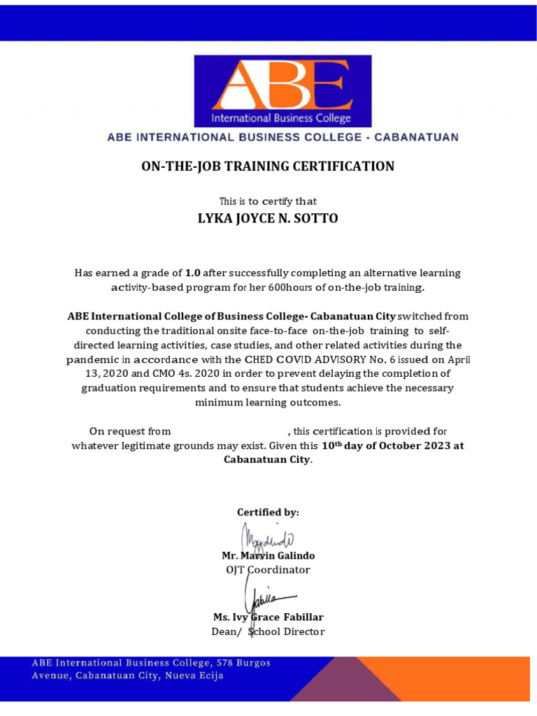 Lyka Joyce Certificate OJT | PDF | Career & Growth