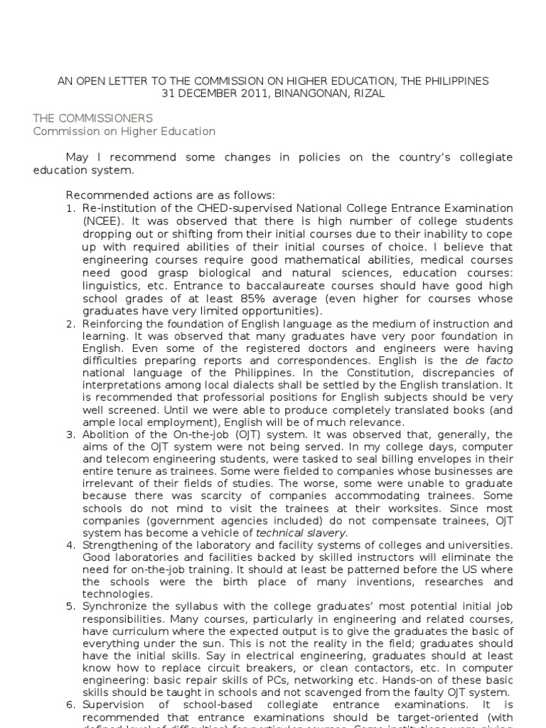 Open Letter To Ched | PDF | Higher Education | College