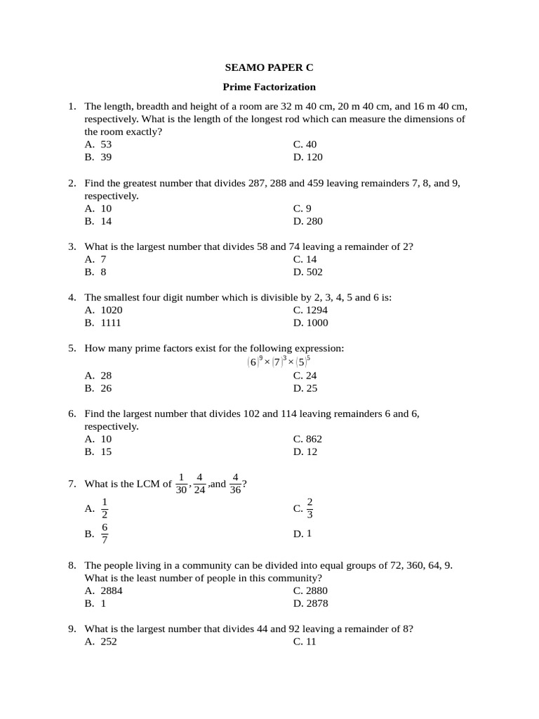 SEAMO PAPER C - Prime Factorization | PDF