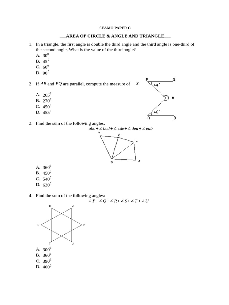 SEAMO PAPER C - Area of Circle, Angle and Triangle | PDF