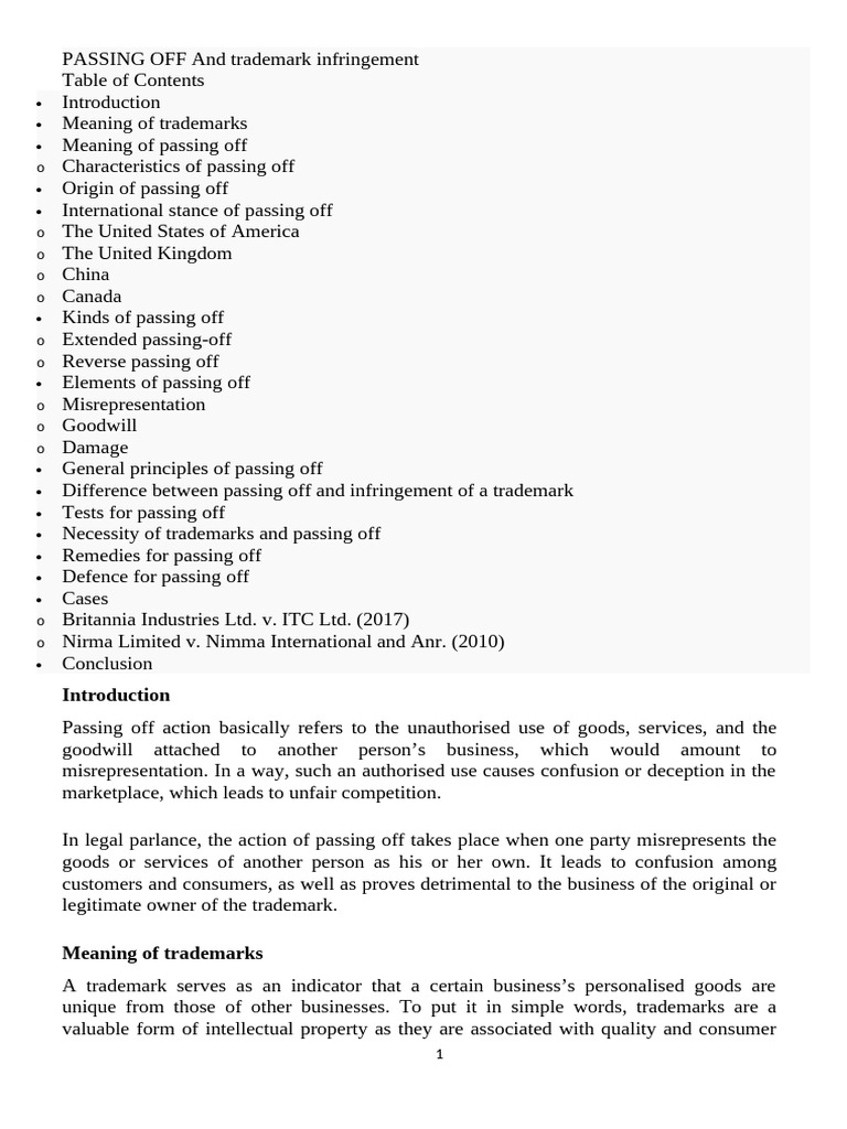 PASSING OFF and Trademark Infringement | PDF