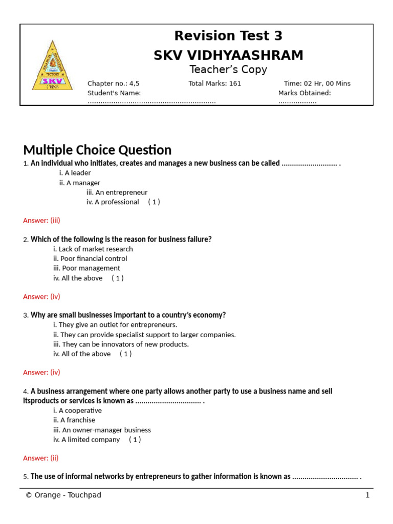 Revision Test 3 - Teacher | PDF