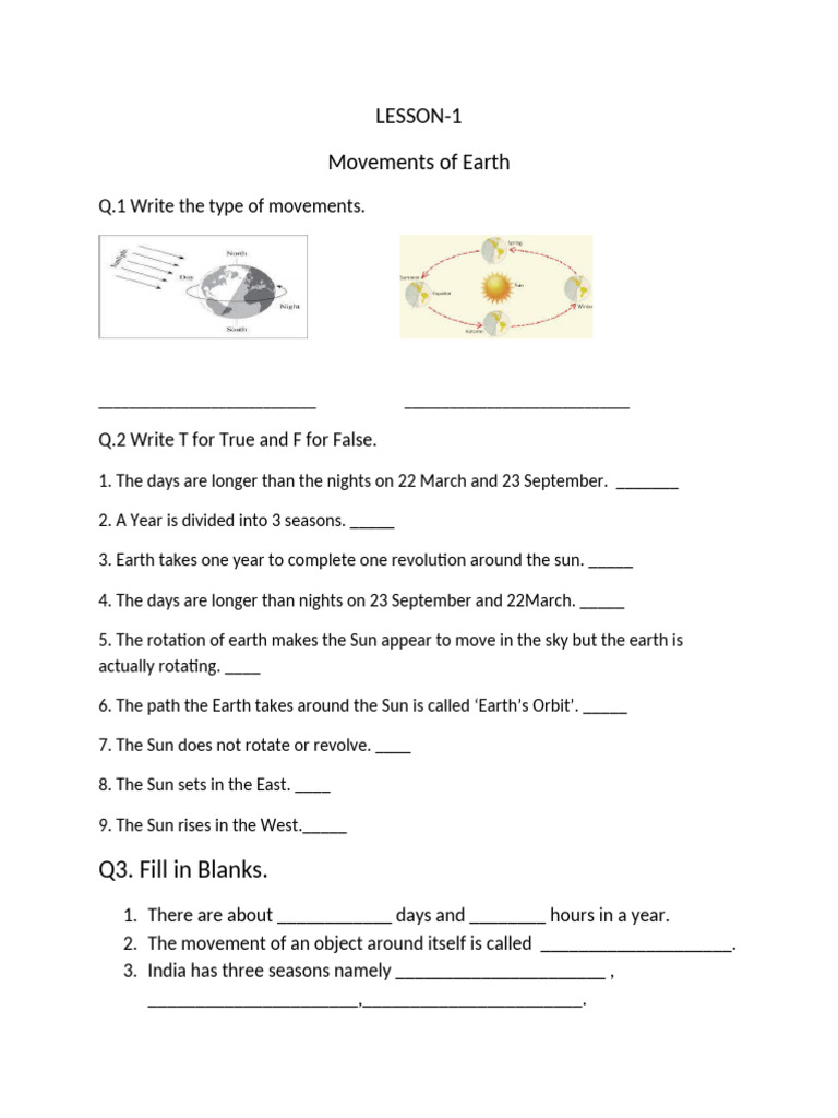 Lesson-1 Movements of Earth: Q3. Fill in Blanks | PDF