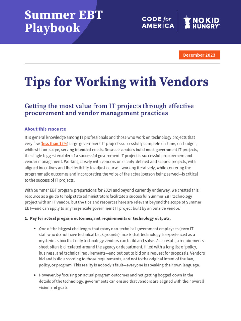 Tips For Working With Vendors Summer Ebt Dec 2023 | PDF