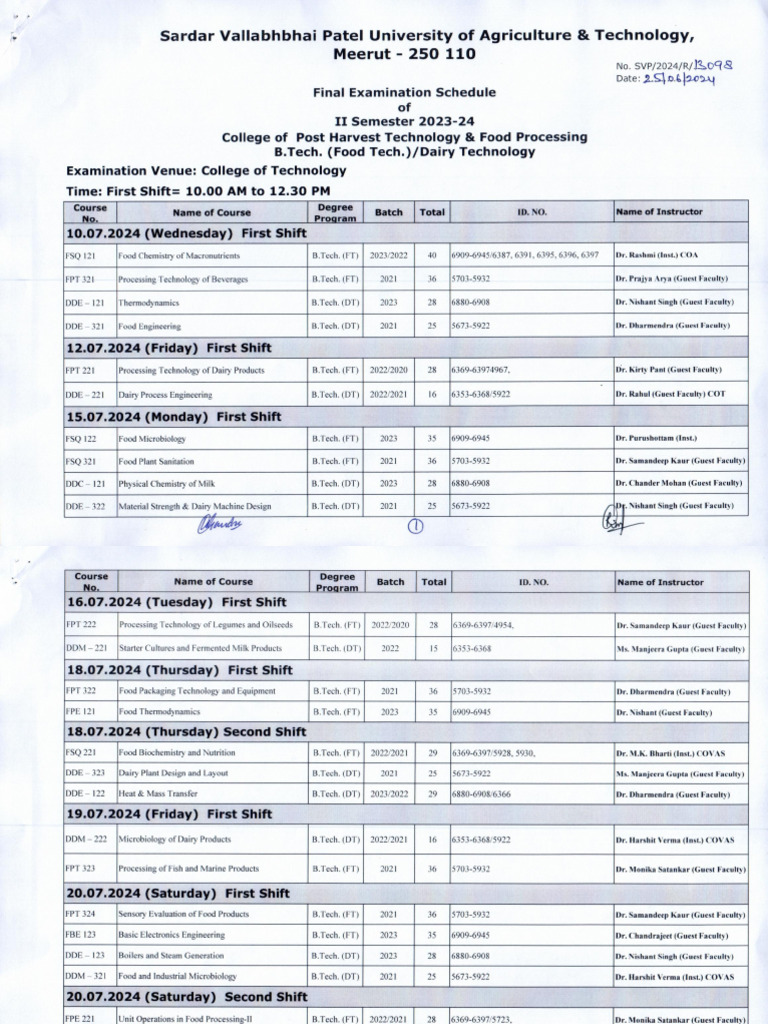 Examination Schedule For PHT II Sem. 2023-24 | PDF