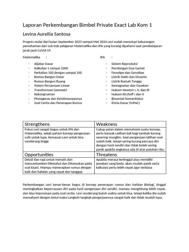 Laporan Perkembangan Bimbel Private Exact Lab Kom 1 Levi | PDF