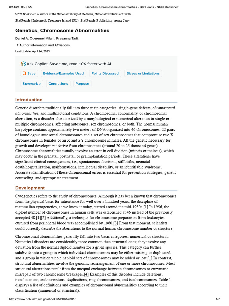 Genetics, Chromosome Abnormalities - StatPearls - NCBI Bookshelf | PDF