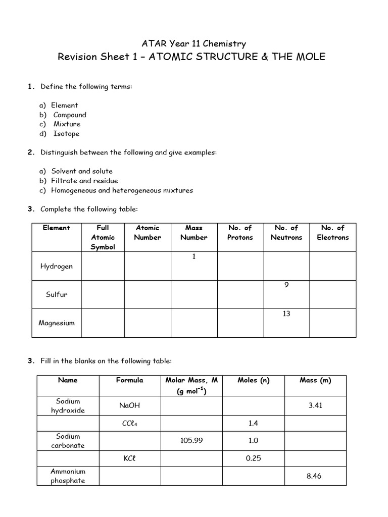 Revision Sheet 1 - Atomic Structure and The Mole | PDF