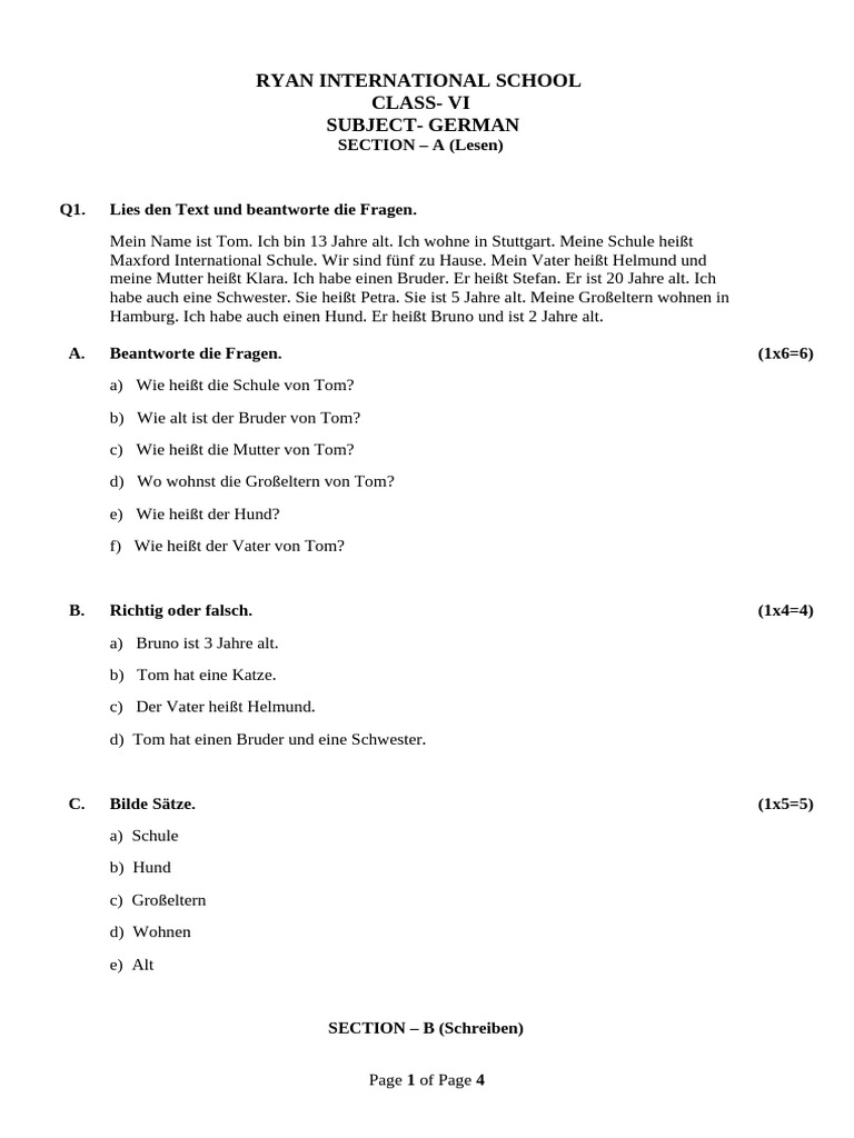 German Class VI Exam Paper | PDF
