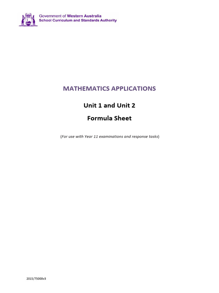 Mathematics Applications Year 11 Formula Sheet | PDF