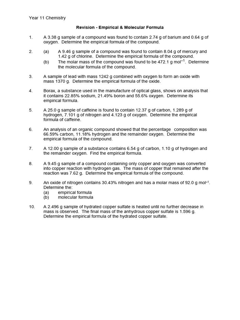 Revision - Empirical and Molecular Formula (With Answers) | PDF