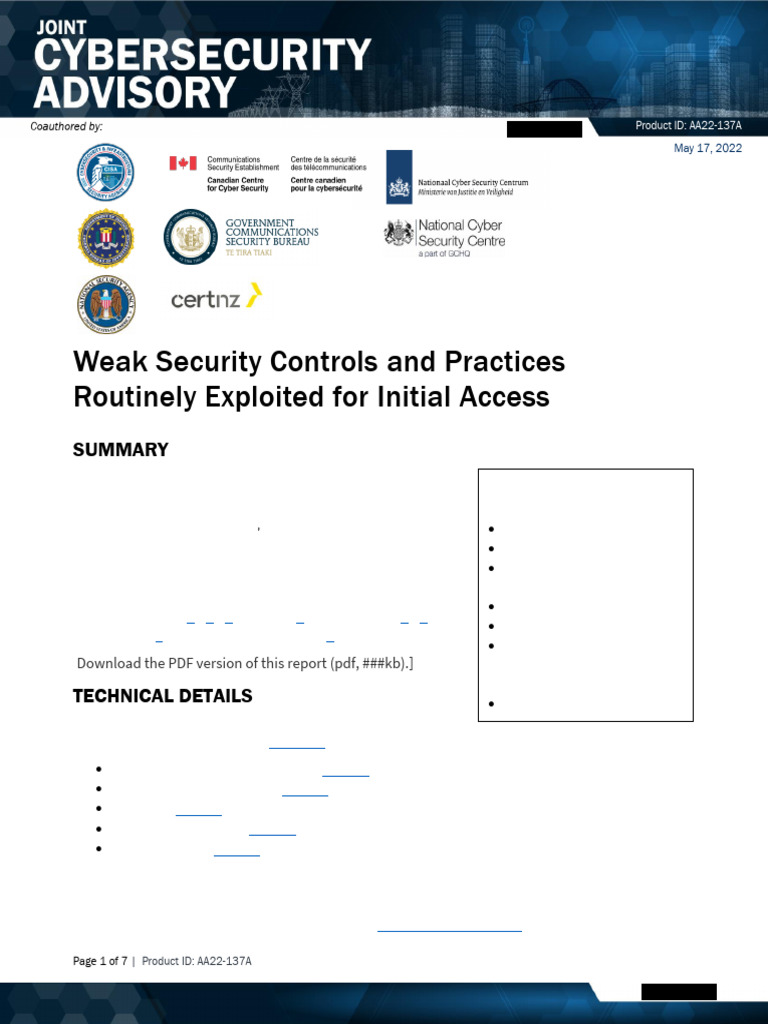 Aa22 137a Weak Security Controls And Practices Routinely Exploited For