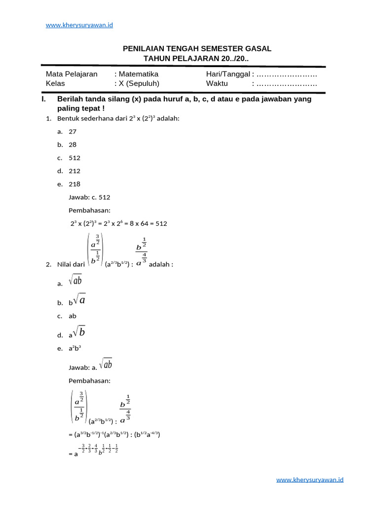 Soal & Jawaban PTS Matematika Kelas X Ganjil (WWW - Kherysuryawan.id) | PDF