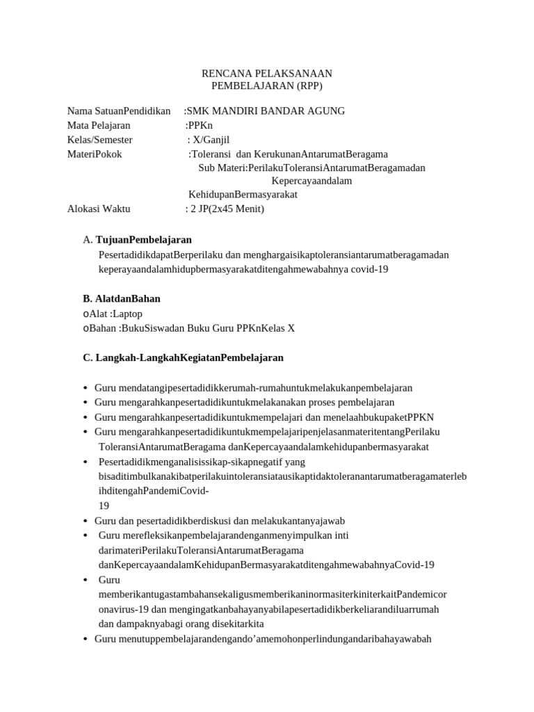 RPP 1 Lembar PKN 10 | PDF