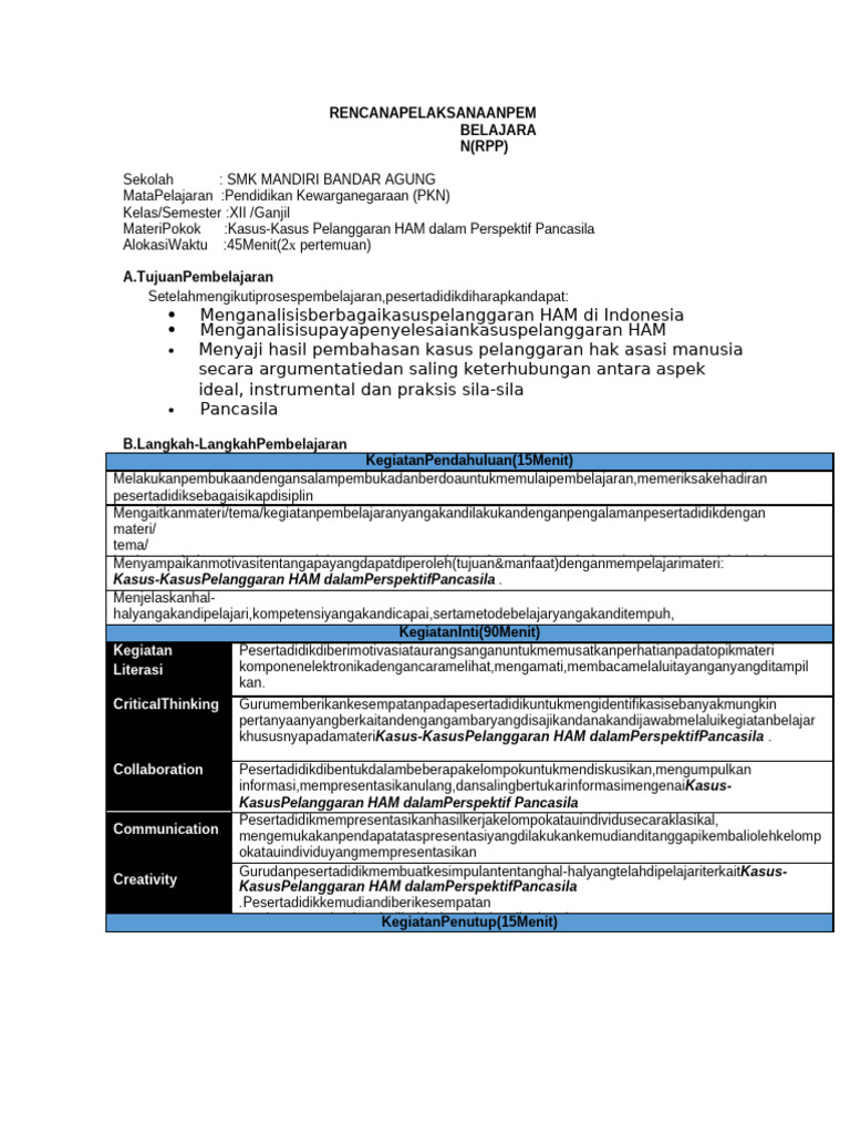 RPP 1 Lembar PKN 12 | PDF