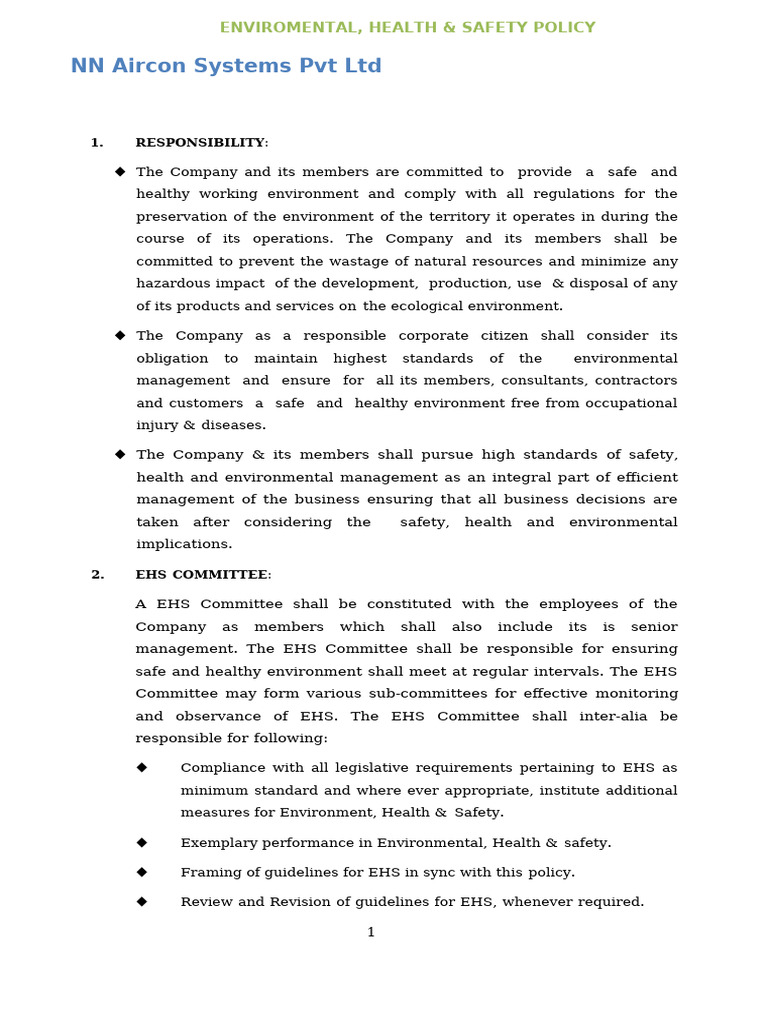 EHS Policy - NN Aircon | PDF