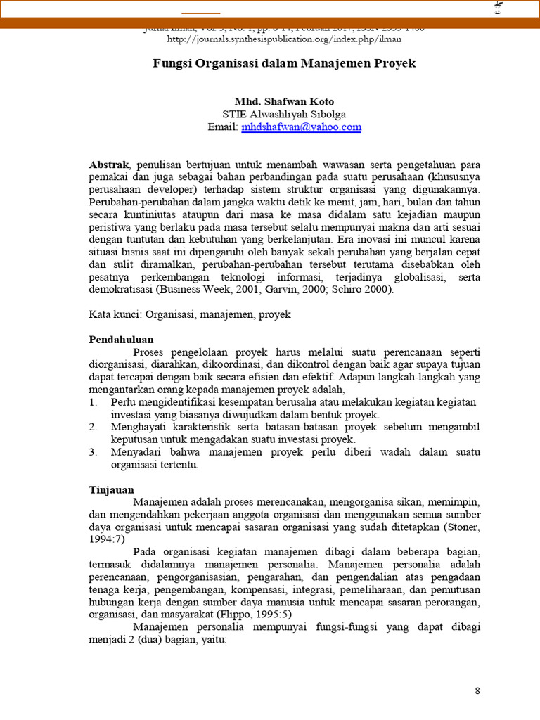Fungsi Organisasi Dalam Manajemen Proyek: Mhd. Shafwan Koto | PDF
