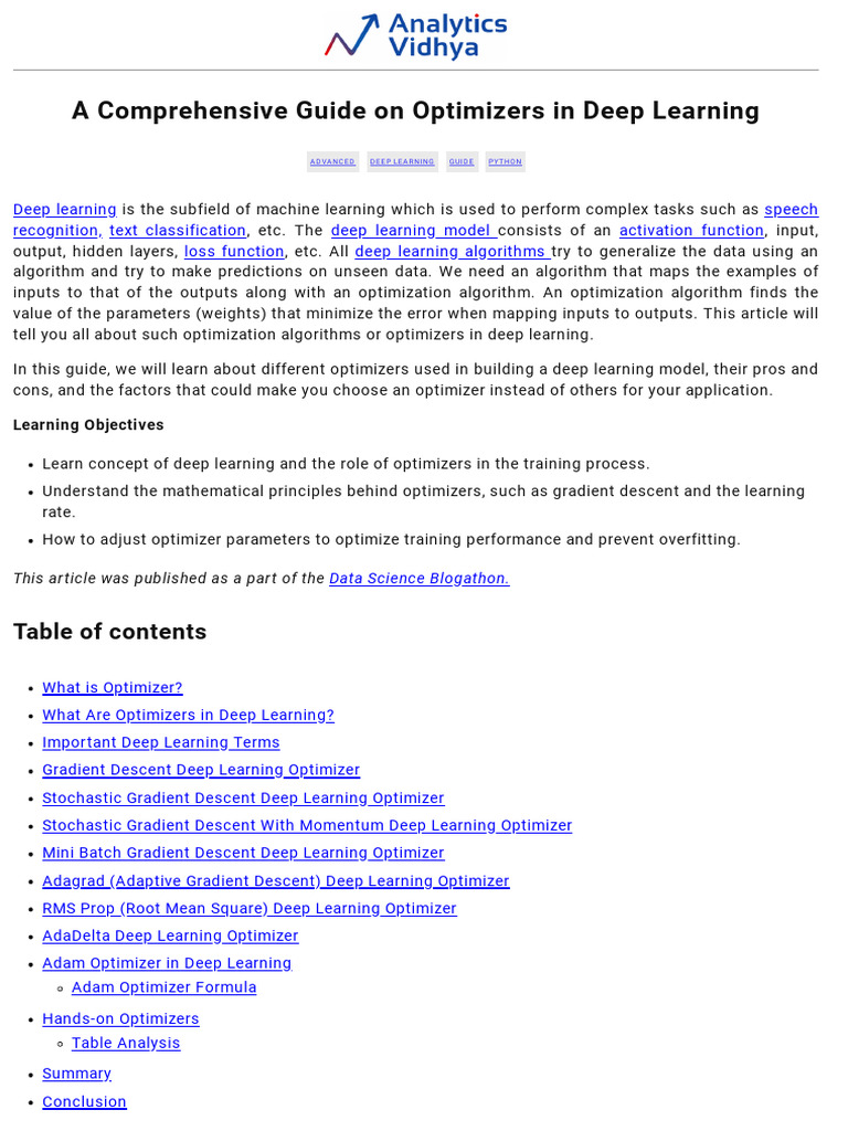 A Comprehensive Guide On Optimizers in Deep Learning | PDF