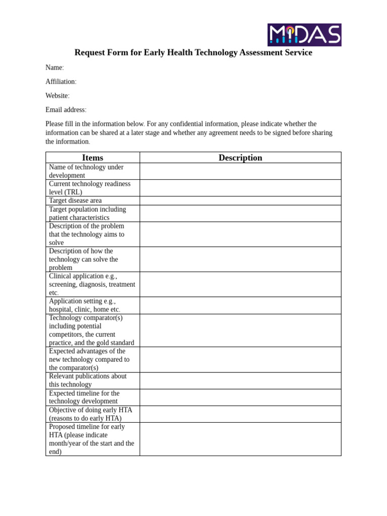 MIDAS Early HTA Service Request Form | PDF