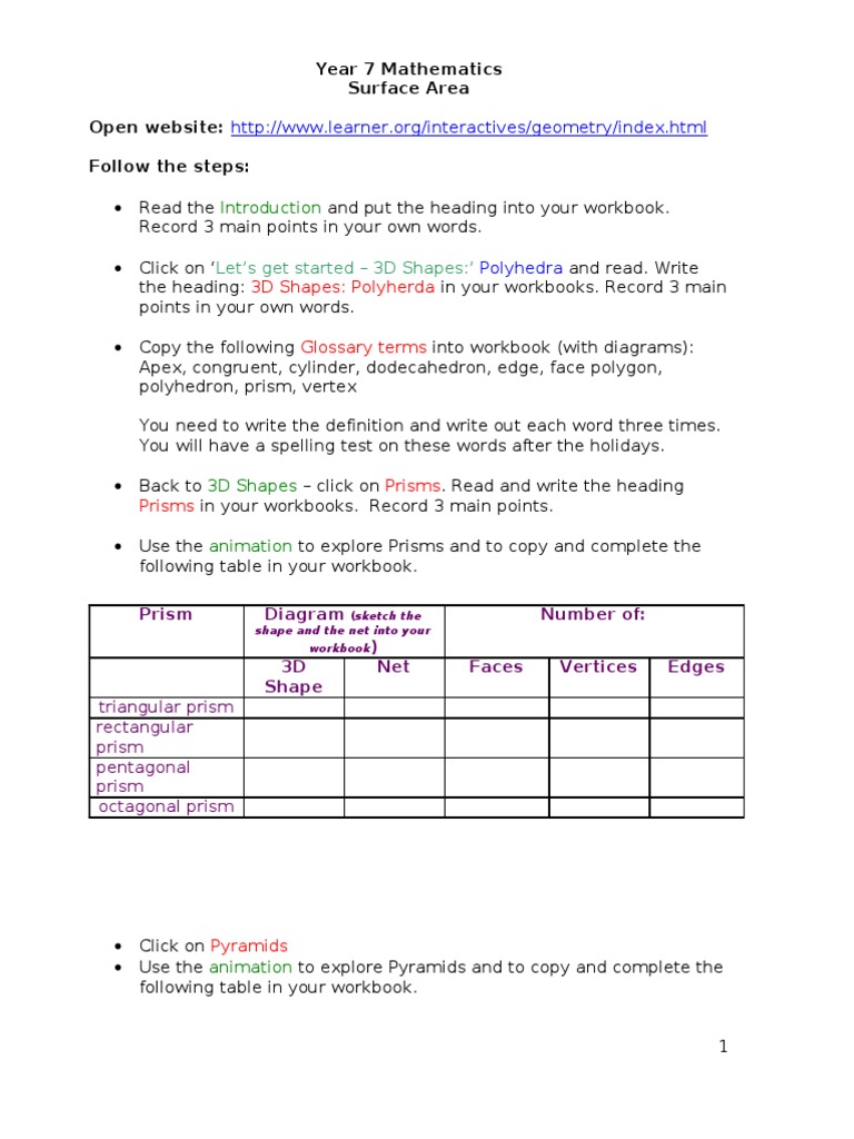Year 7 Math: Surface Area & 3D Shapes | PDF