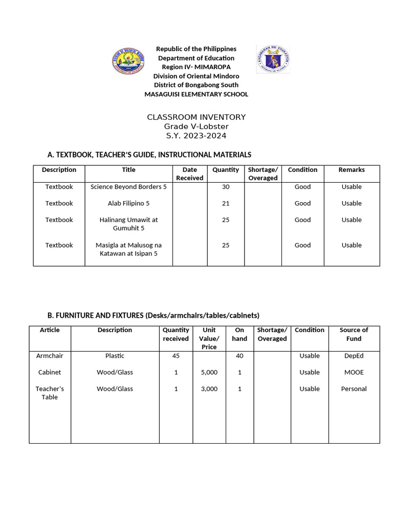 Classroom Inventory | PDF
