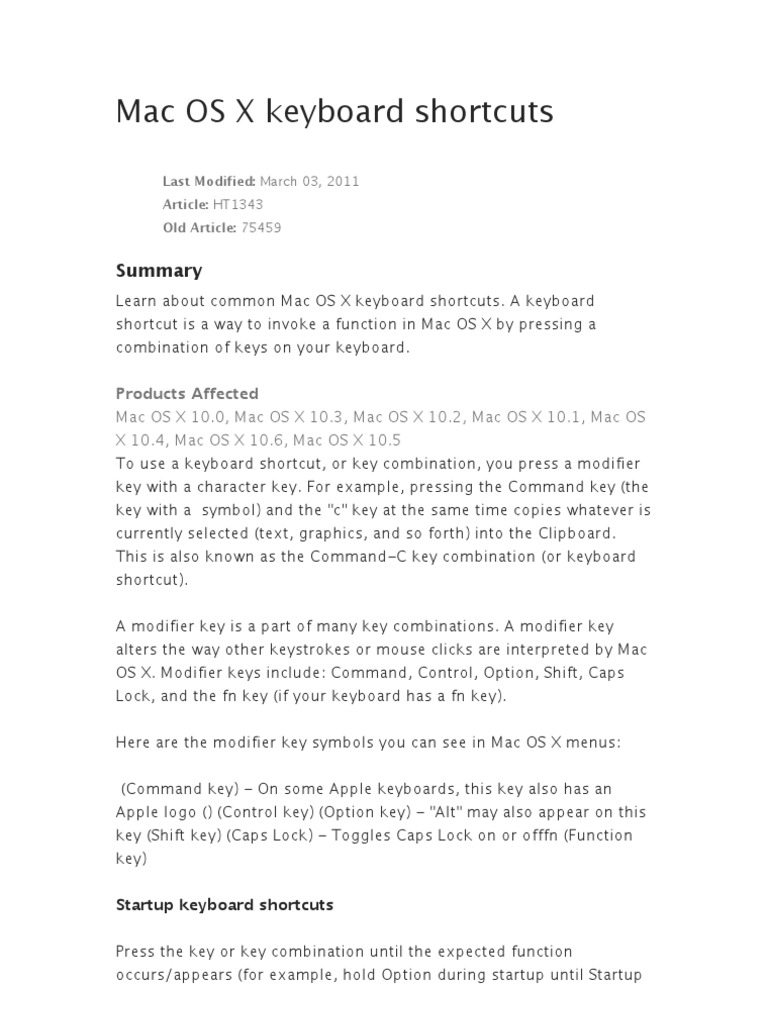 Mac OS X Keyboard Shortcuts | PDF | Computer Keyboard | Keyboard Shortcut