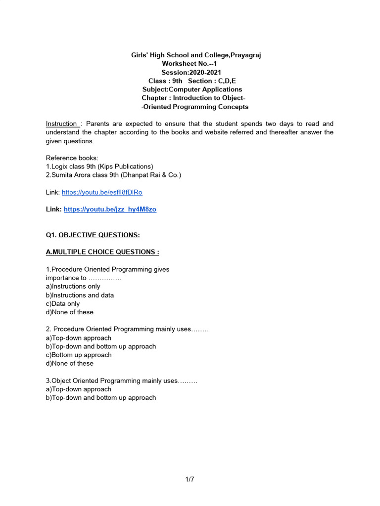 Computer Class 9 Ws 1 Pdf Object Oriented Programming Teaching Methods And Materials