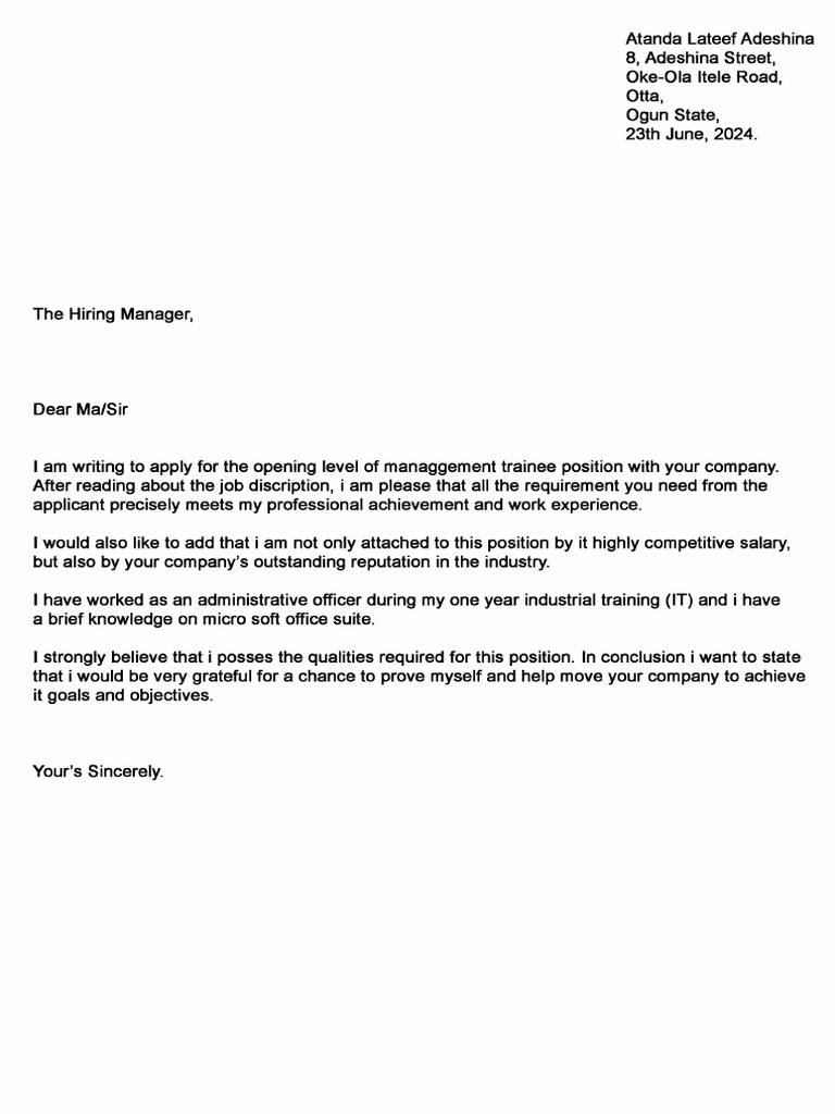 Management Trainee Cover Letter | PDF