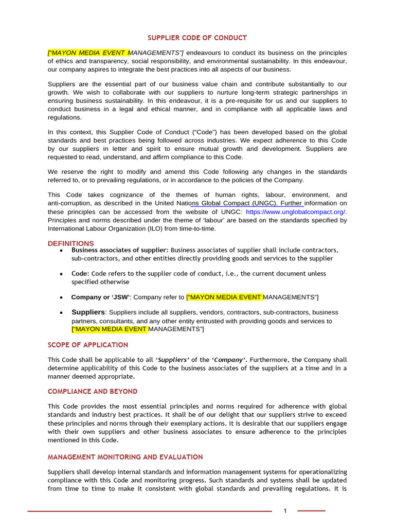 Code of Conduct For JSW Suppliers | PDF