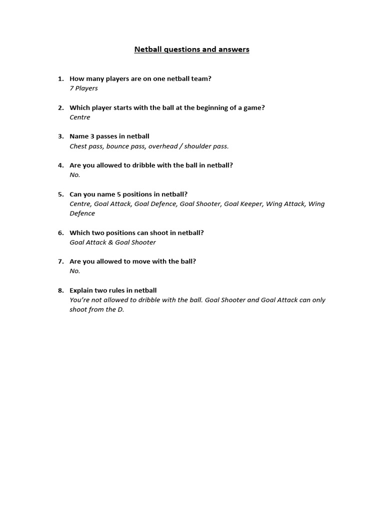 Netball Answers Year 6 | PDF