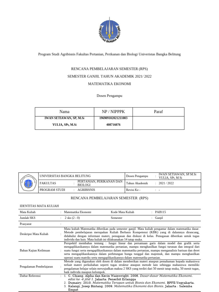 RPS MATEMATIKA EKONOMI Ganjil 2021-2022 | PDF