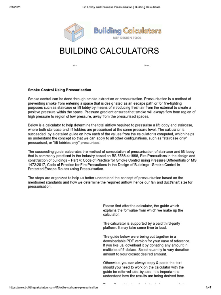 Lift Lobby and Staircase Pressurisation - Building Calculators | PDF