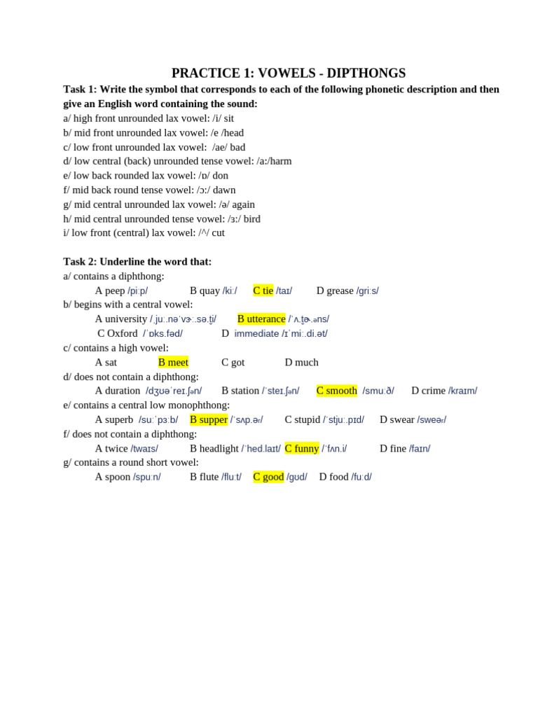 Key PRACTICE 1 Vowels and Dipthongs | PDF