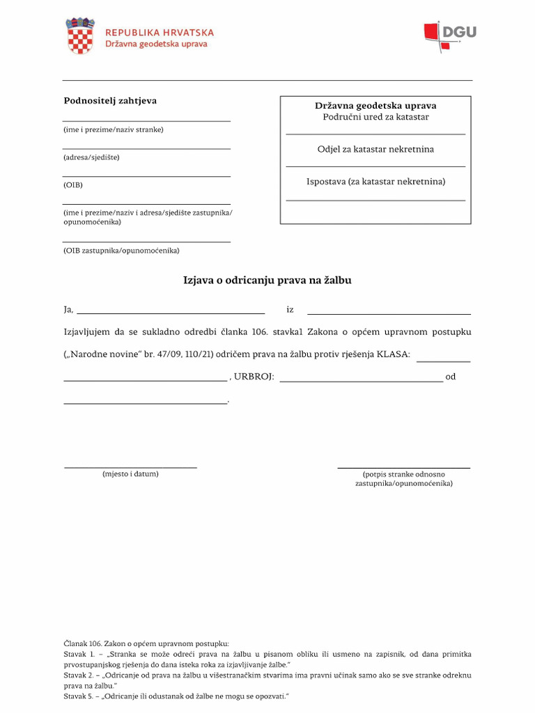OCR - Izjava o Odricanju Od Prava Na Zalbu DGU | PDF