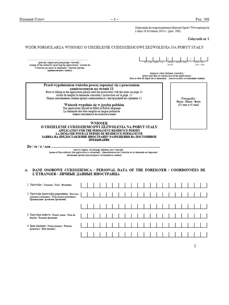 Wniosek o Udzielenie Zezwolenia Na Pobyt Staly | PDF
