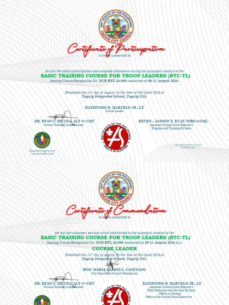 2024 BTC Certificates TL A4size | PDF | Scouting | Honorifics